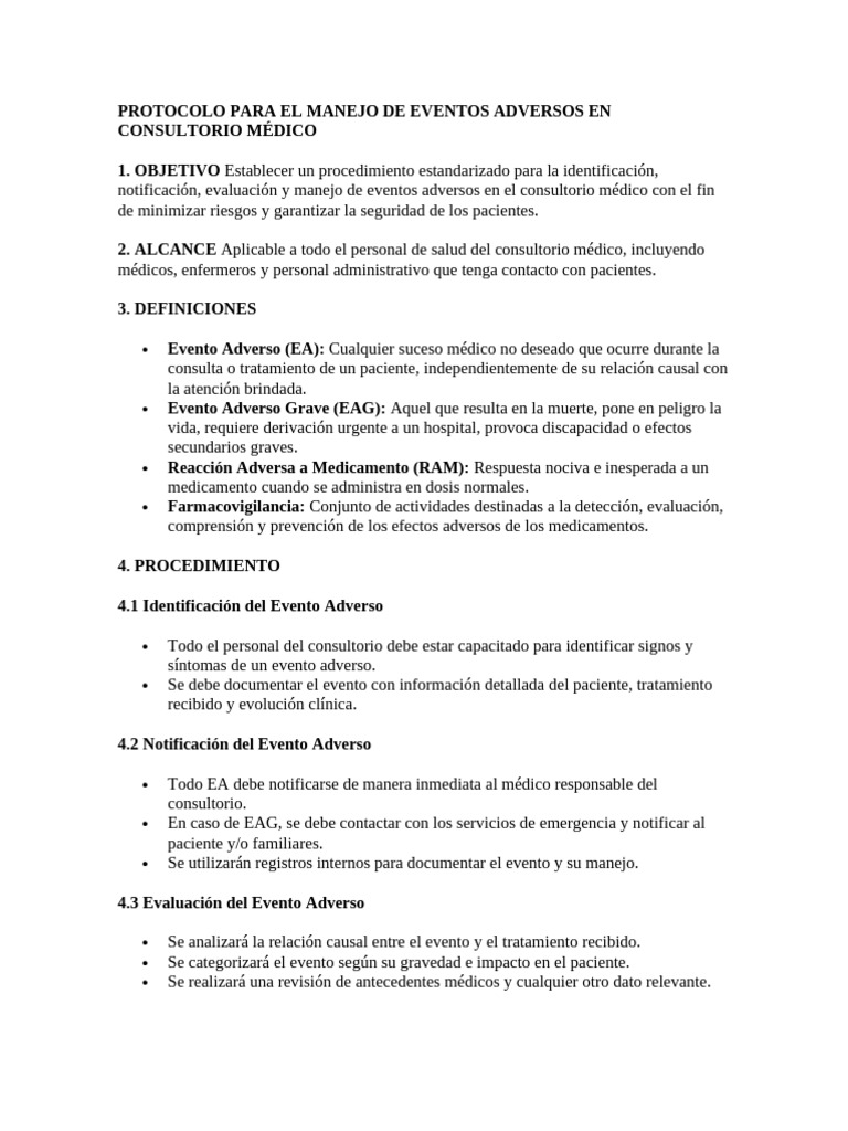 Protocolo para El Manejo de Eventos Adversos en Consultorio Médico | PDF | Seguridad del ...