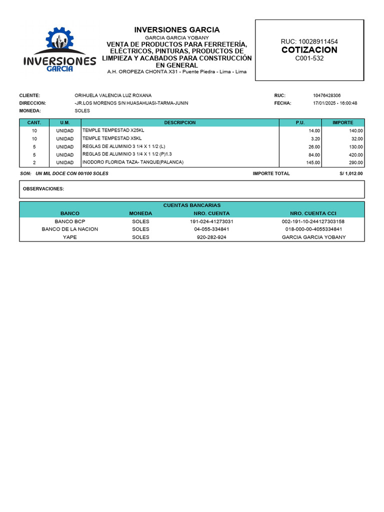 Cotizacion C001 532 20250117 | PDF