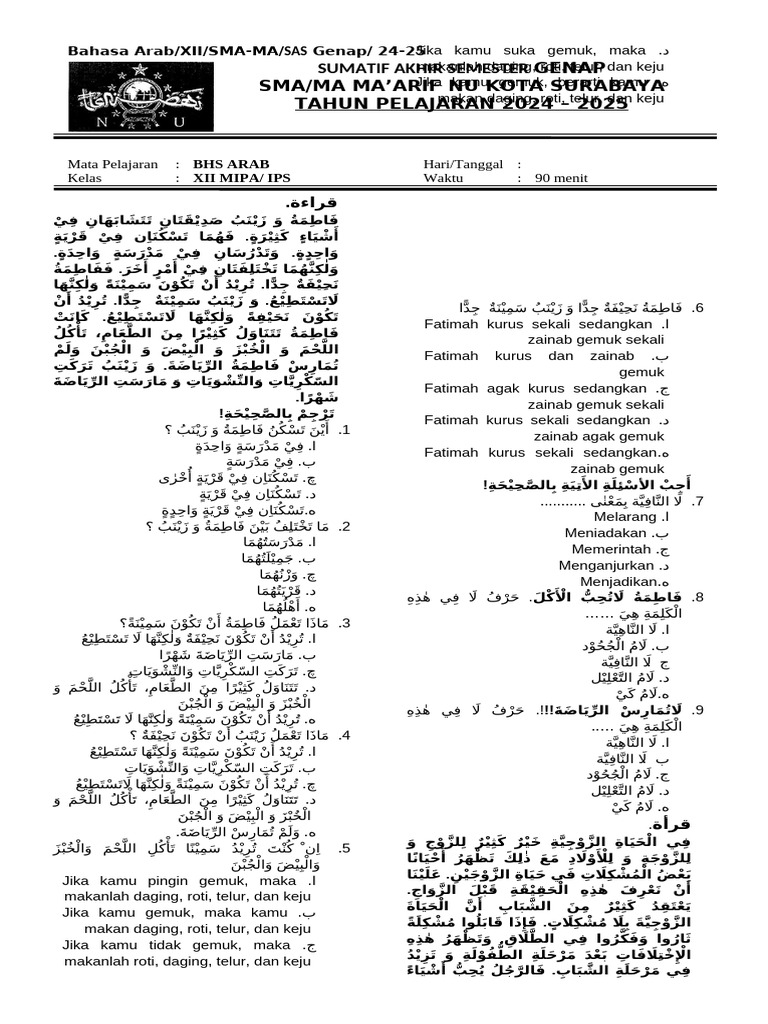 Telaah Soal Sas Xii Bhs Arab Genap 24-25 | PDF