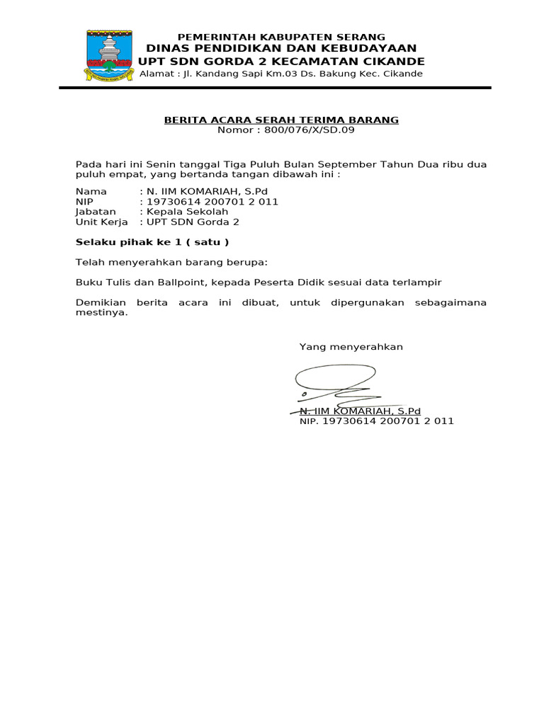 Berita Acara Serah Terima Barang Siswa | PDF