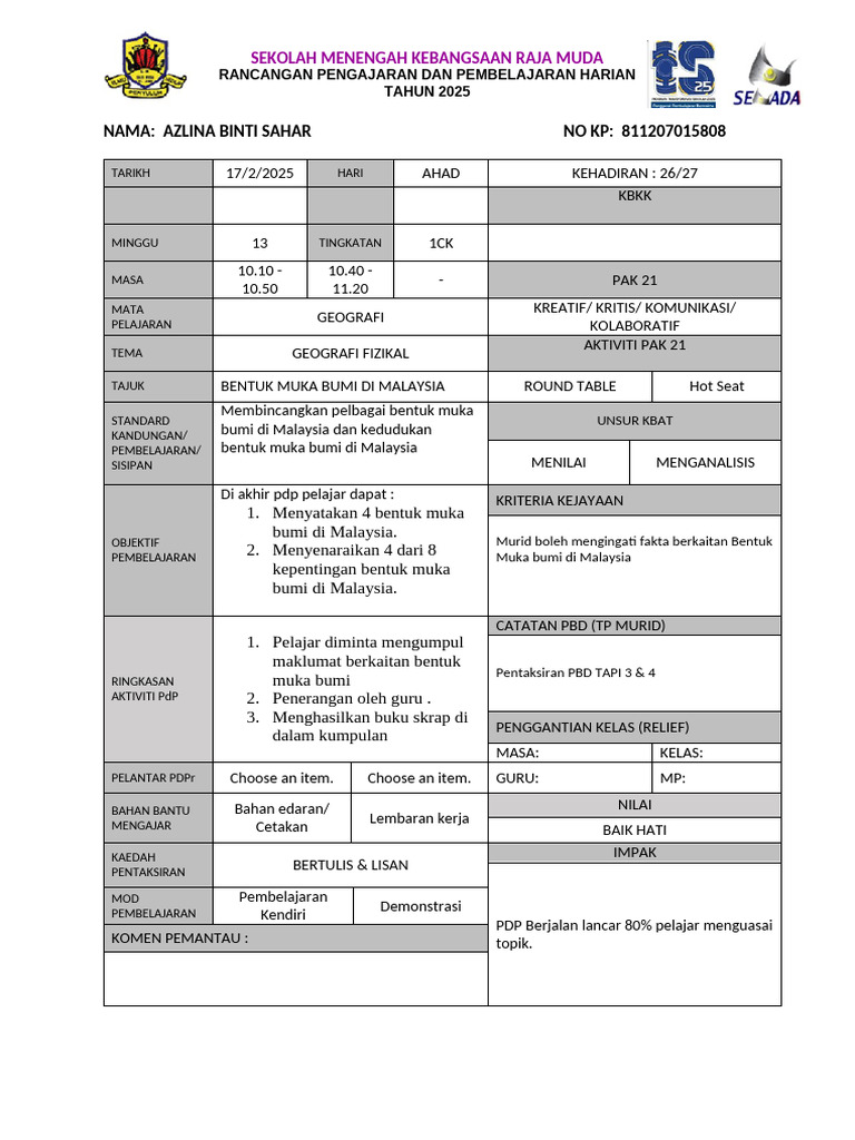 Rancangan Pengajaran Harian 2025 | PDF