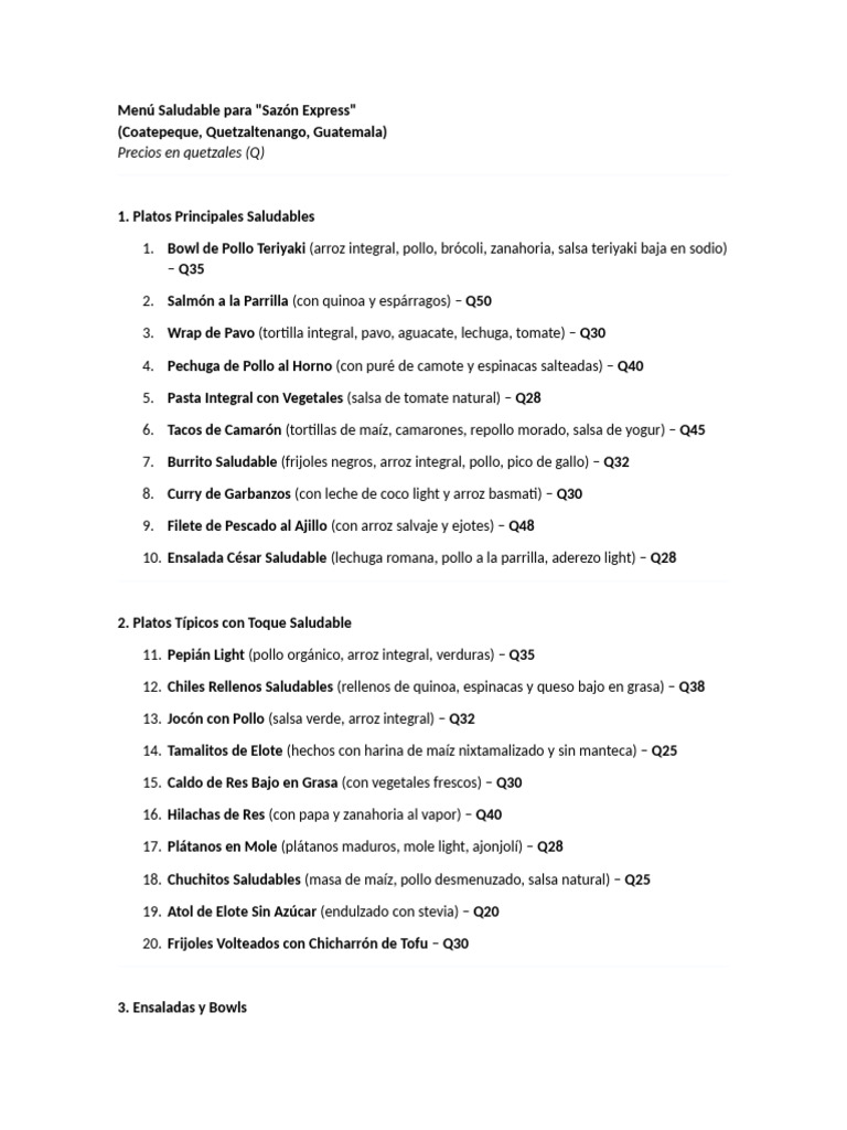 Menú sazon express | PDF | ensalada | Alimentos