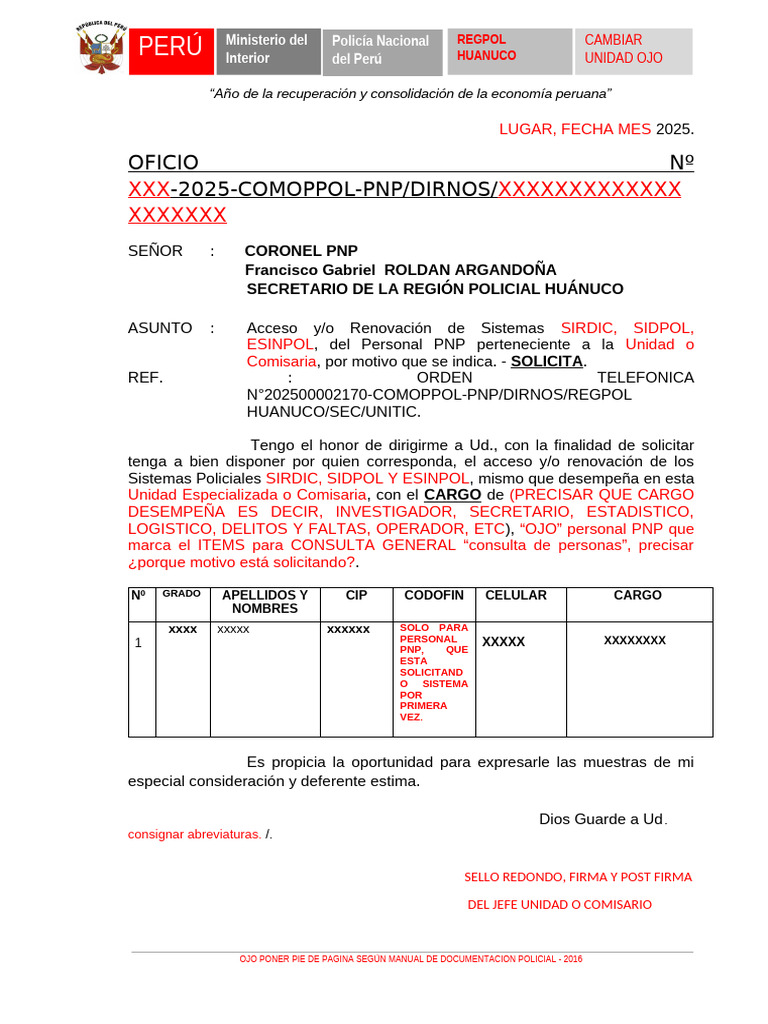 Modelo de Oficio Sirdic, Sidpol y Esinpol | PDF | Perú | Gobierno