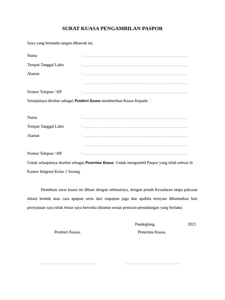 Surat Kuasa Ambil Paspor 2025 | PDF