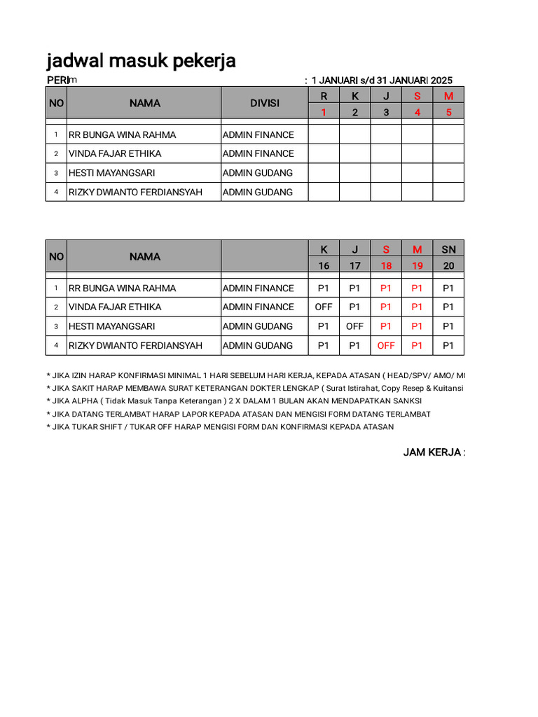 JADWAL Masuk Karyawan | PDF