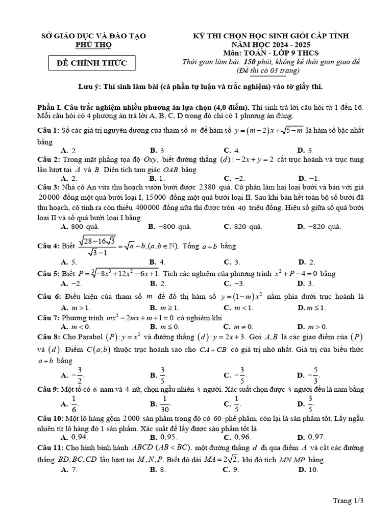 De Chon Hoc Sinh Gioi Cap Tinh Toan 9 Nam 2024 2025 So GDDT Phu Tho | PDF