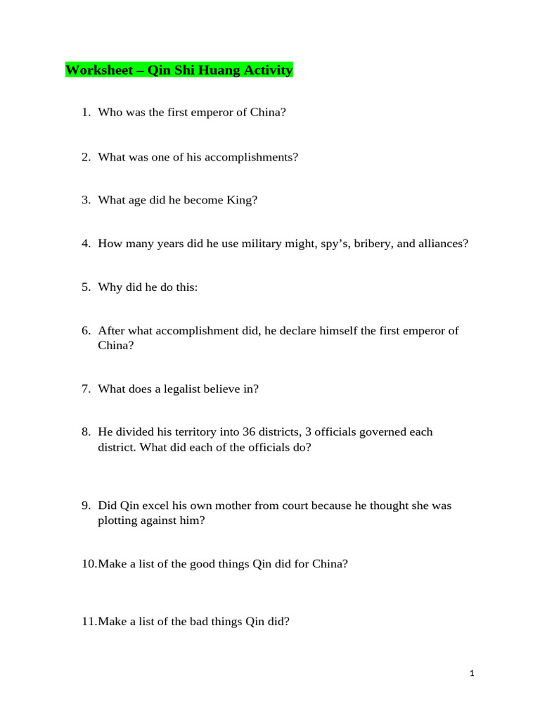 Worksheet Qin Shi Huang | PDF