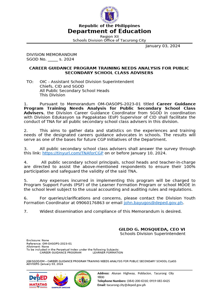 Memo - Career Guidance TNA | PDF