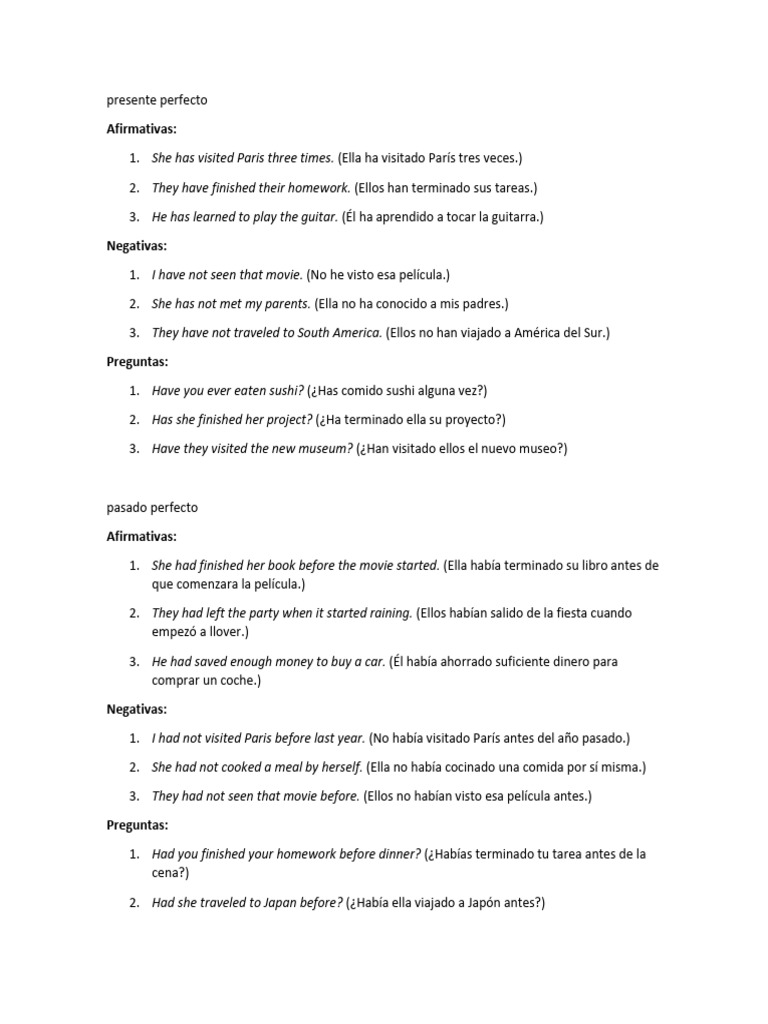 ejemplos de oraciones en los tiempos perfectos | PDF