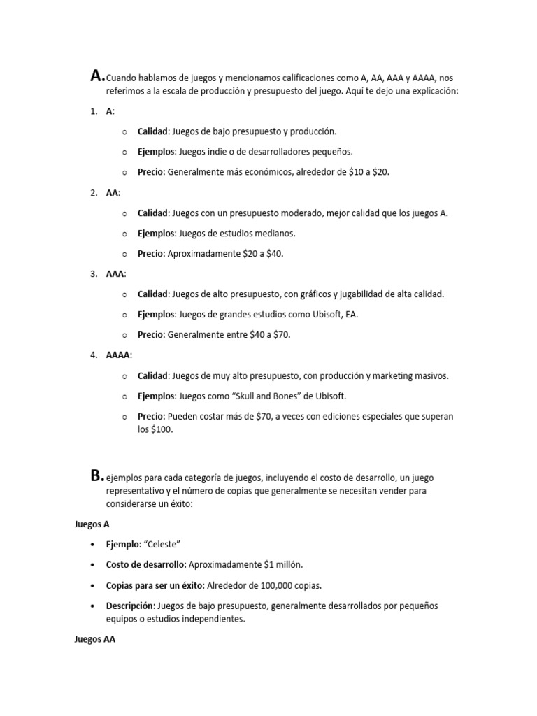Clasificación de Juegos: A, AA, AAA, AAAA | PDF | Presupuesto