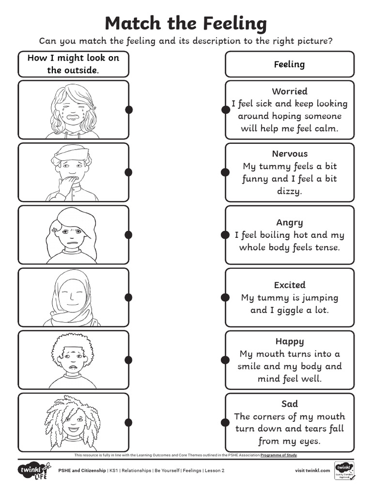 Match The Feelings Activity Sheet - Black and White | PDF | Psychology