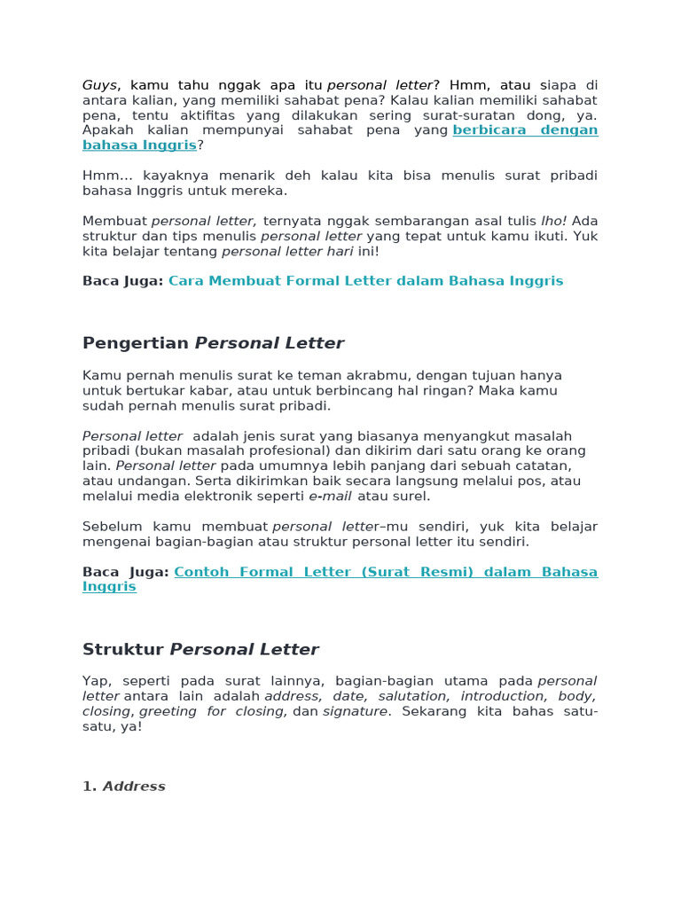 Ciri-Ciri dan Struktur Personal Letter | PDF