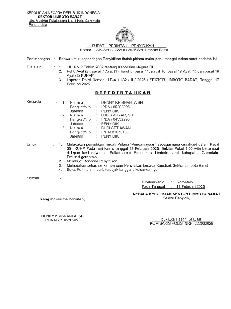 Surat Perintah Penyidikan Penganiayaan | PDF