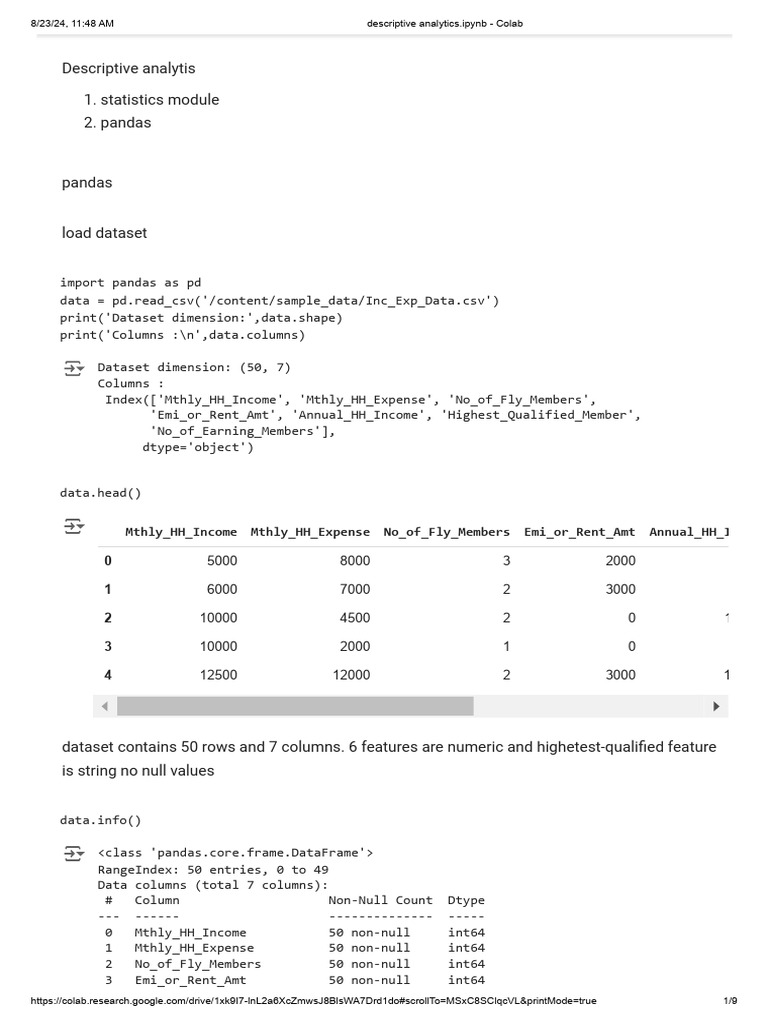 Descriptive Analytics2.Ipynb - Colab | PDF | Data | Statistics
