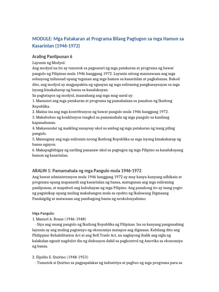 Expanded Module Mga Patakaran at Programa Grade6 | PDF