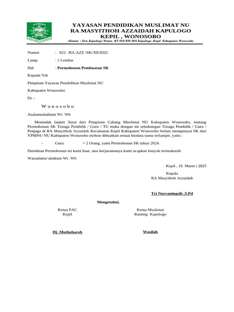 Form Contoh Pengajuan SK RA | PDF
