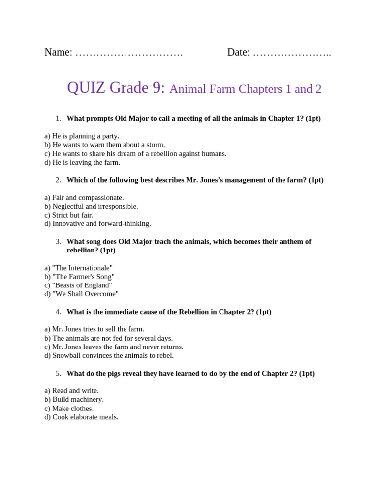 Quiz on Animal Farm Chapters 1-2 | PDF