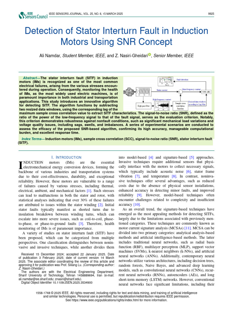 Detection Of Stator Interturn Fault In Induction Motors Using Snr Concept Pdf Wavelet