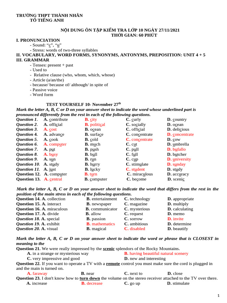 Dap An TEST YOURSELF 10 Nov 28 | PDF | Linguistics