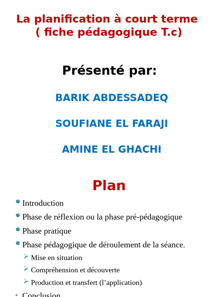 La planification à court terme fiche pédagogique T.C | PDF | Pédagogie ...
