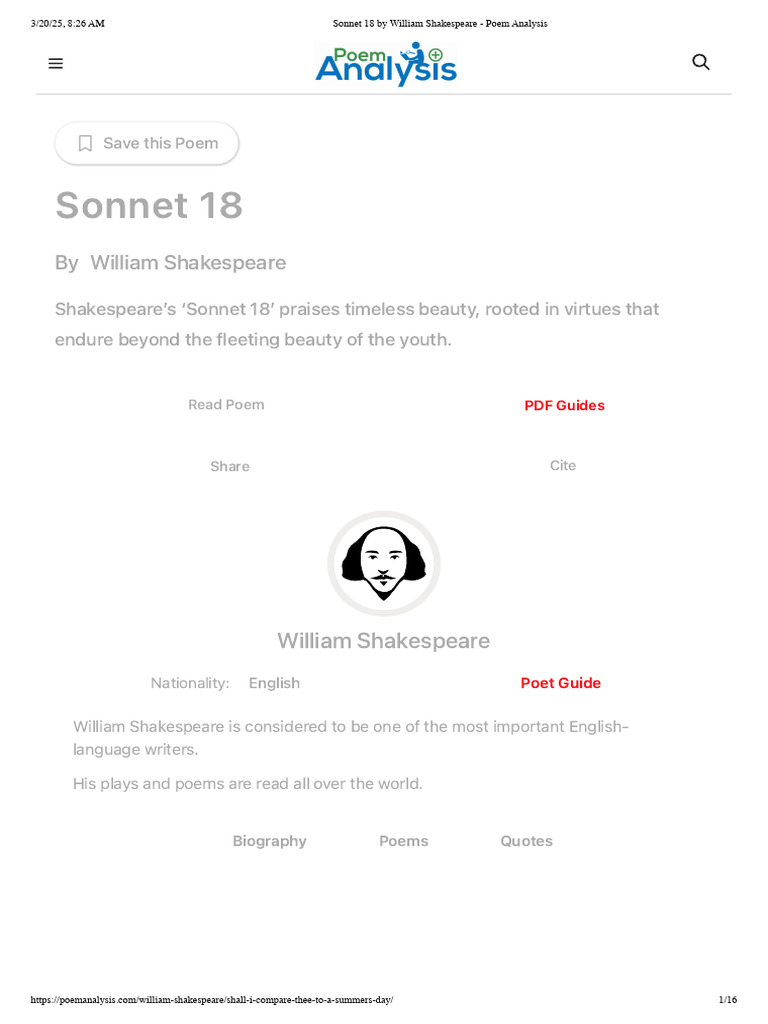 Sonnet 18 by William Shakespeare - Poem Analysis | PDF | Poetry | Shakespeare's Sonnets