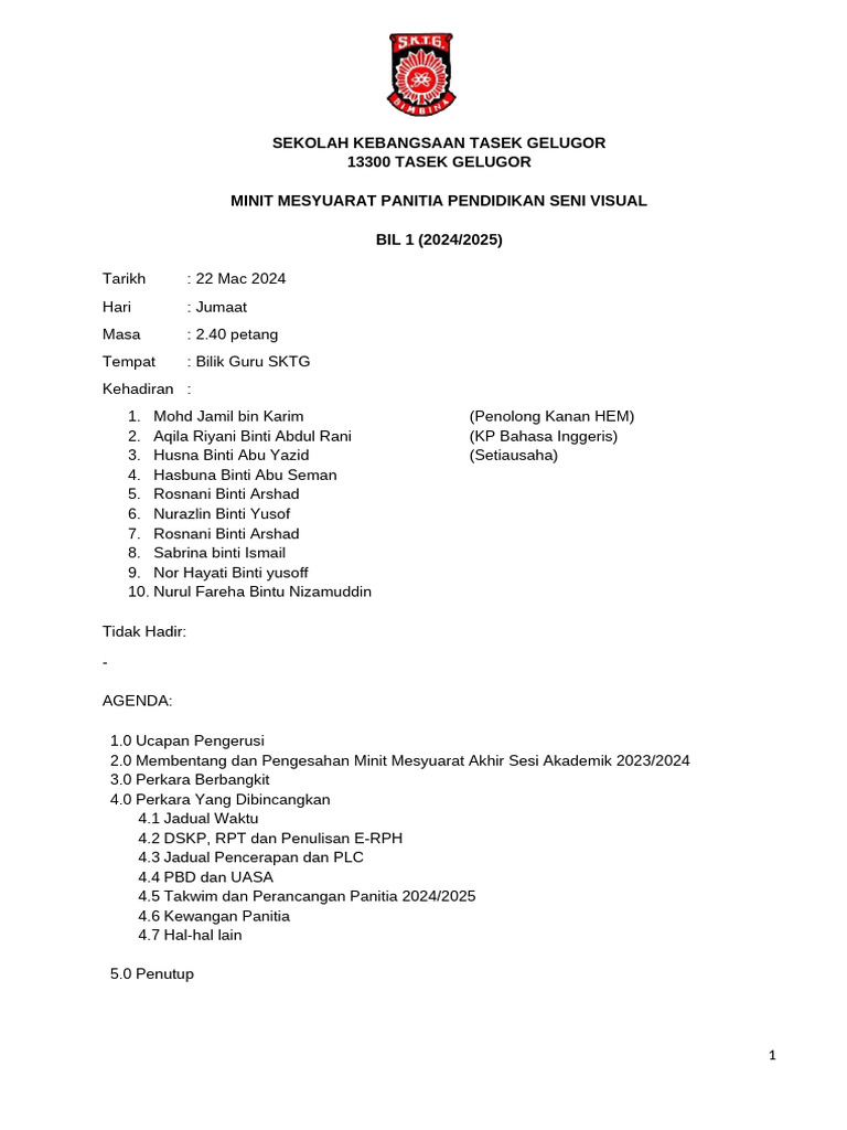 Minit Mesyuarat Panitia PSV Bil. 1 Sesi 2024 2 | PDF