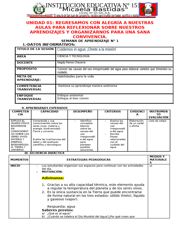 Cyt-U1-D.i.agua-V Ciclo | PDF | Agua | Aprendizaje