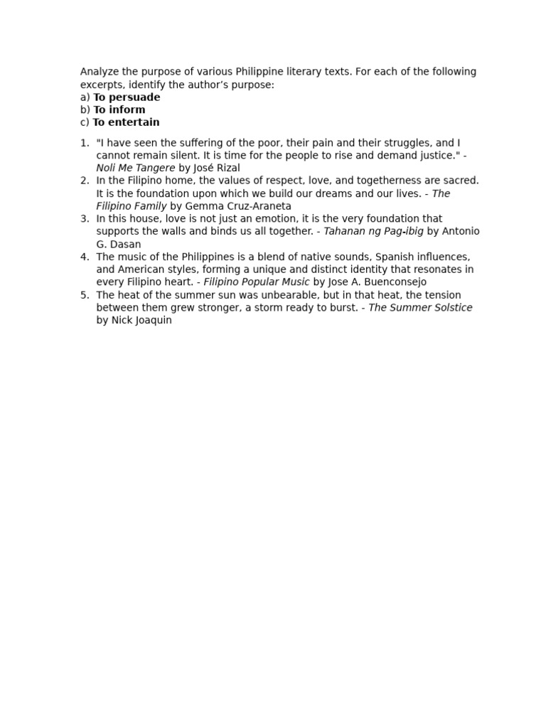 Analyze The Purpose of Various Philippine Literary Texts | PDF
