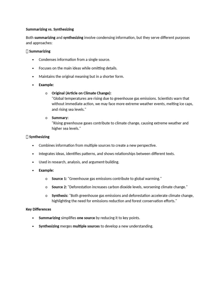 Summarizing Vs Synthesizing | PDF