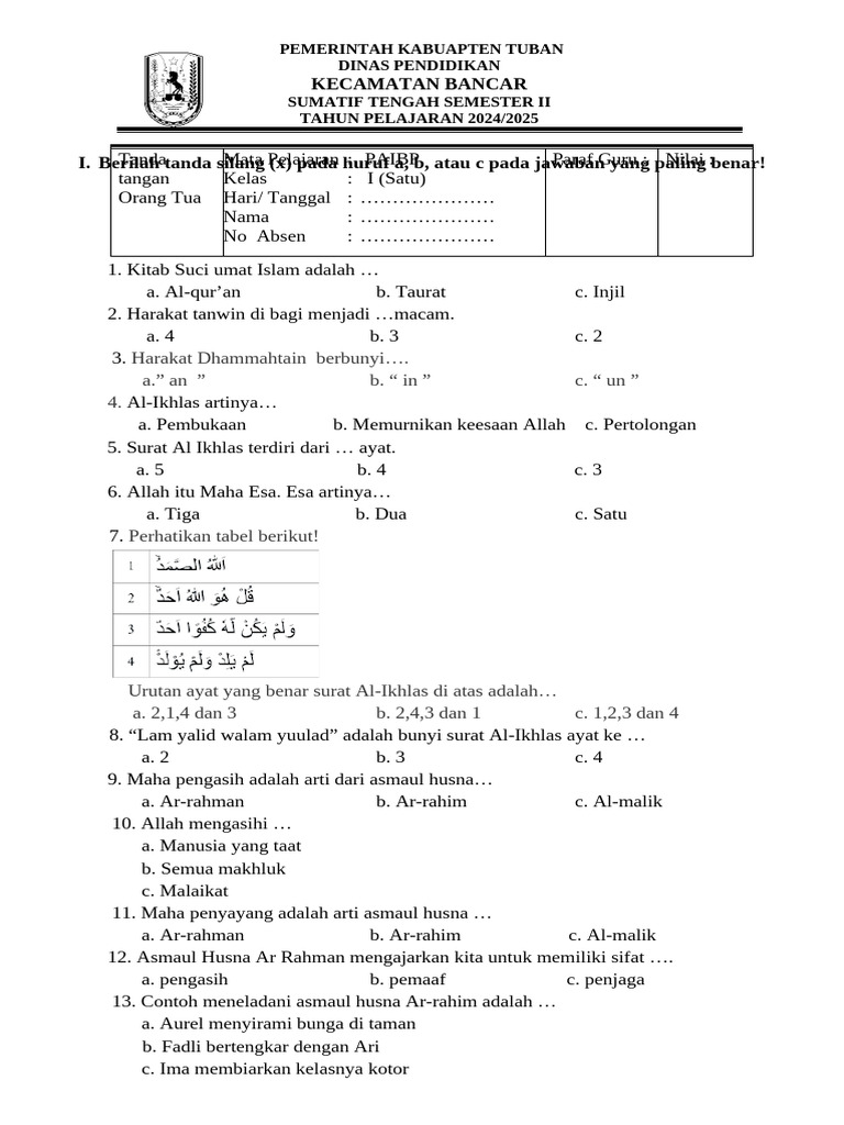 Soal STS Ii Pai Kelas 1 | PDF