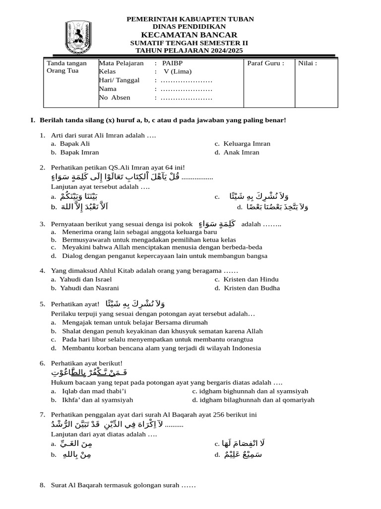 SOAL STS II PAI KELAS 5 | PDF