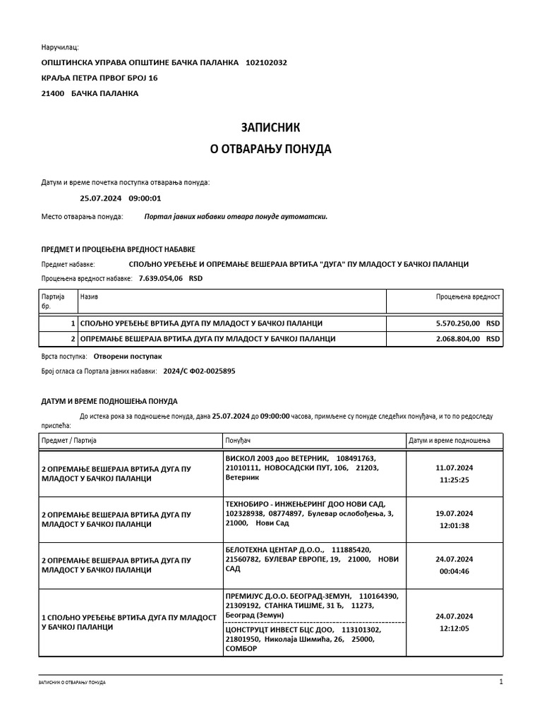 Zapisnik o otvaranju ponuda Vrtic BP | PDF