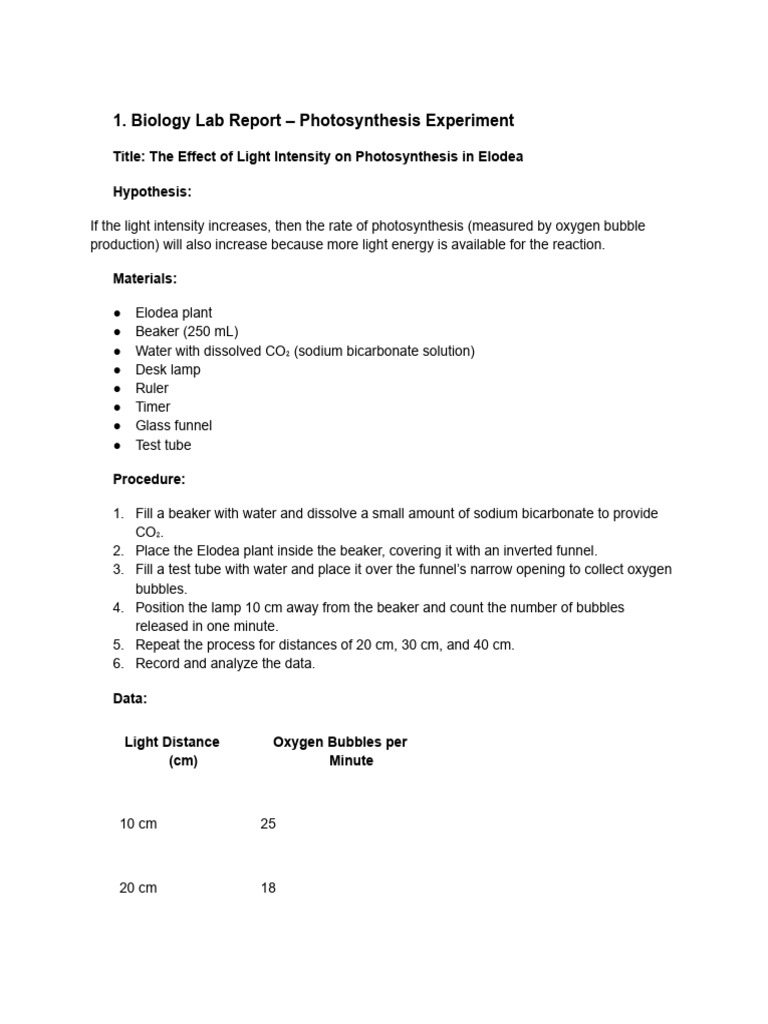 Biology Lab Report - Photosynthesis Experiment | PDF