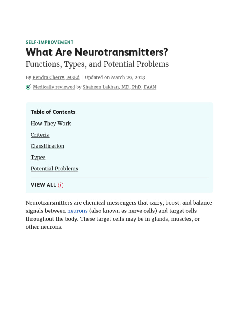 1neurotransmitters - Functions, Types, Potential Problems | PDF | Neurotransmitter | Neuron