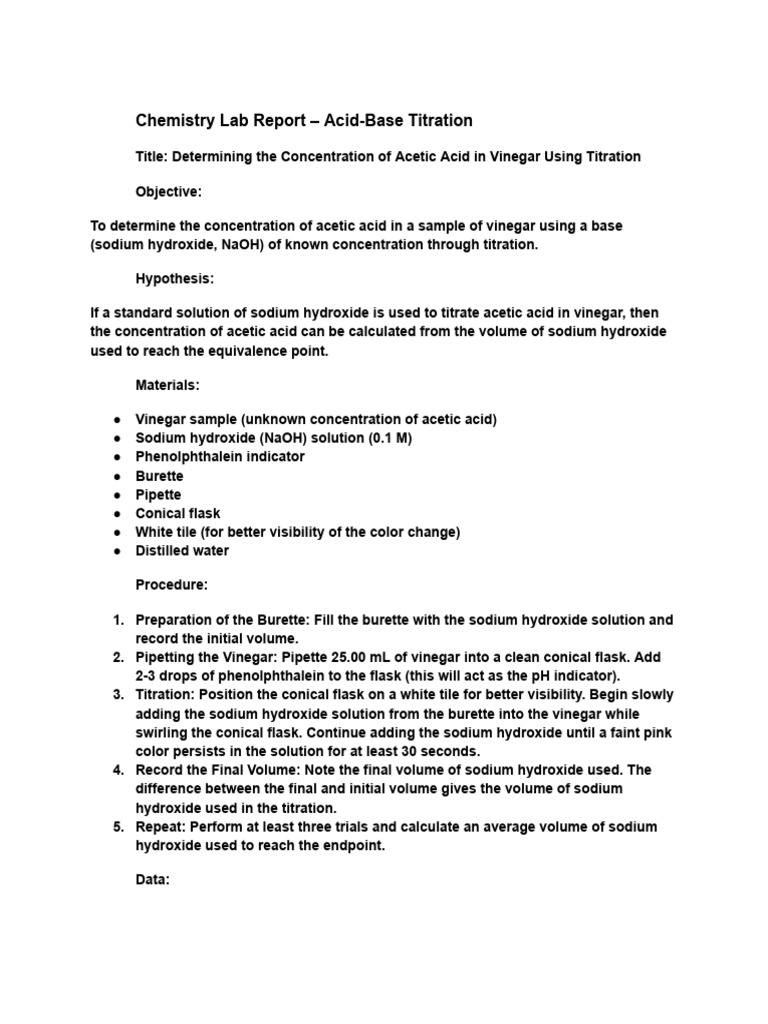 Chemistry Lab Report – Acid-Base Titration | PDF | Titration | Chemistry