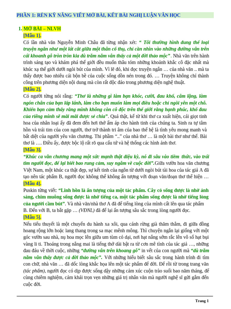 Rèn Kỹ Năng Viết Mở Bài, Kết Bài Nlvh - Nlxh | PDF