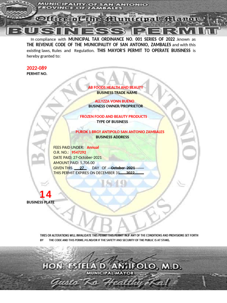 Business Permit Zambalez | PDF