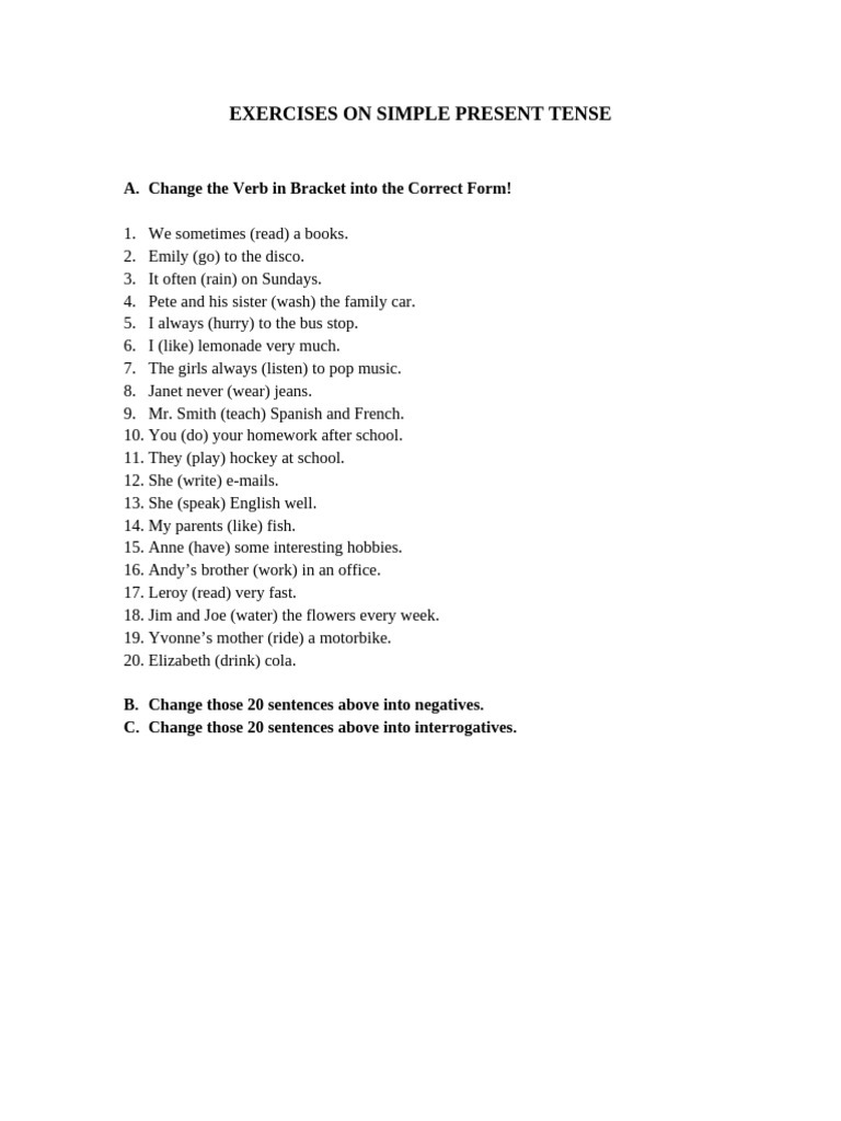 Simple Present Tense Exercise (2nd Exercise) | PDF