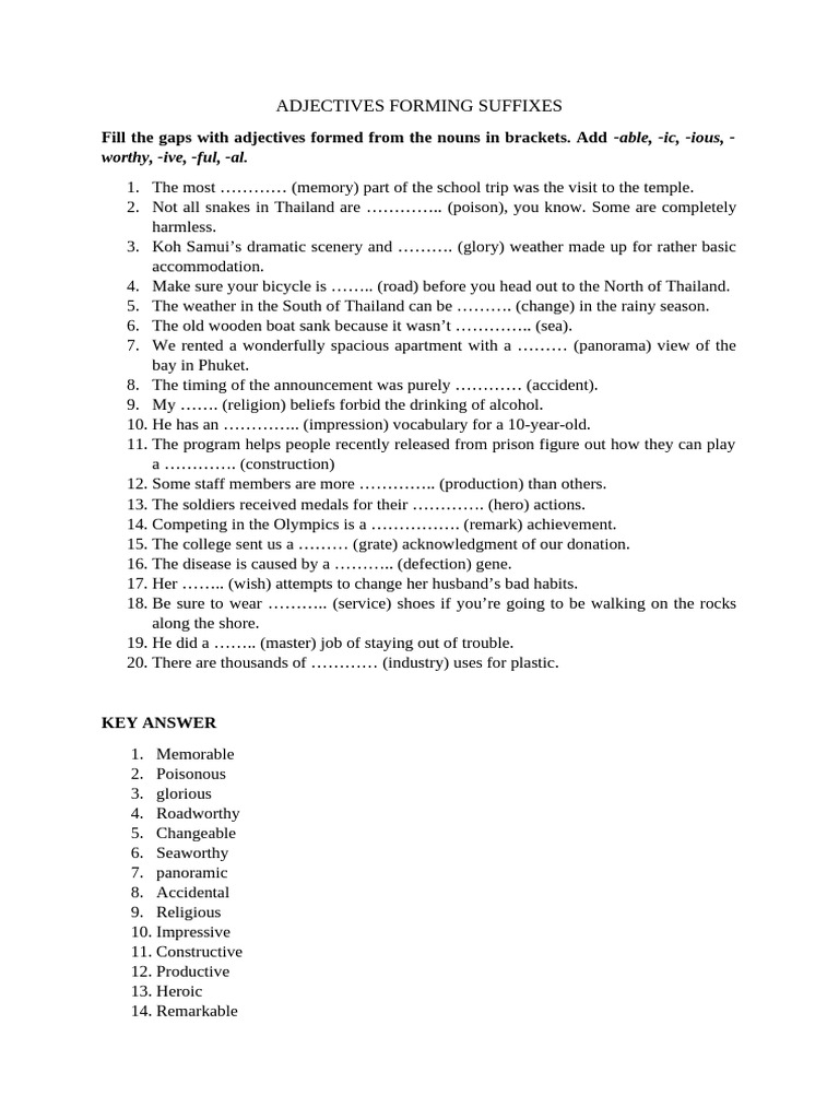 ADJECTIVES FORMING SUFFIXES - Exercise | PDF