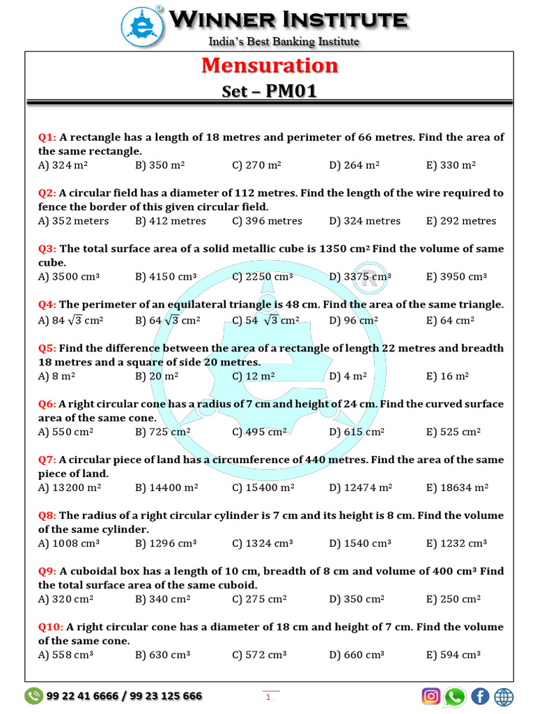 Mensuration (Easy) Set - PM01 With Answer Key | PDF | Area | Length