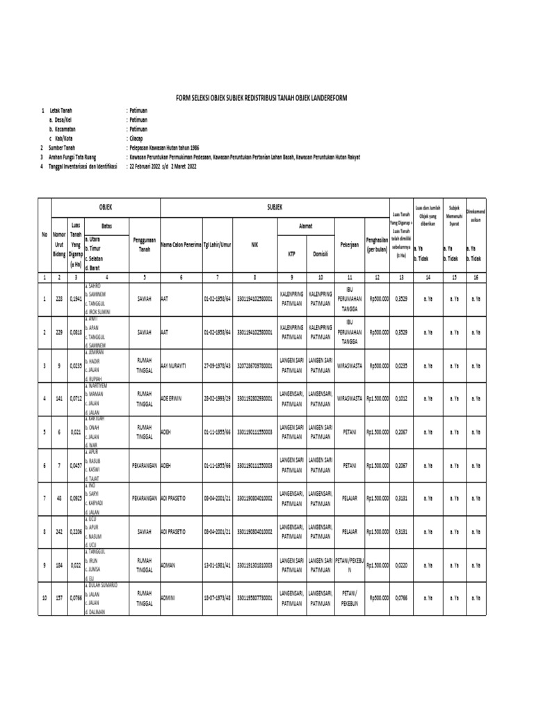 Form Seleksi Objek Subjek Patimuan | PDF