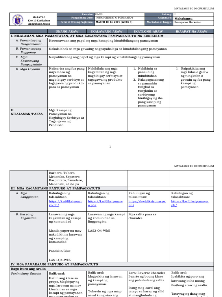Dll Matatag Makabansa 1 Q4 W5 Pdf
