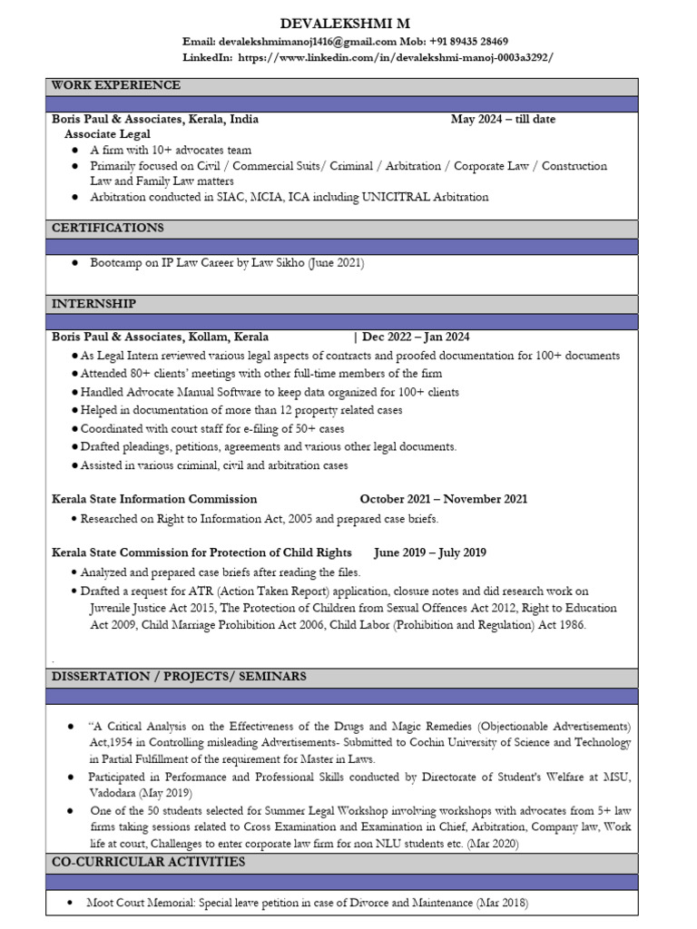Adv Devalekshmi Manoj Resume Pdf685 | PDF | Justice | Crime & Violence