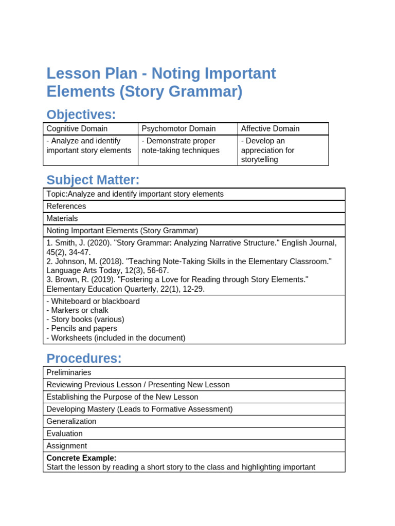 Noting Important Elements (Story Grammar) | PDF | Reading Comprehension ...