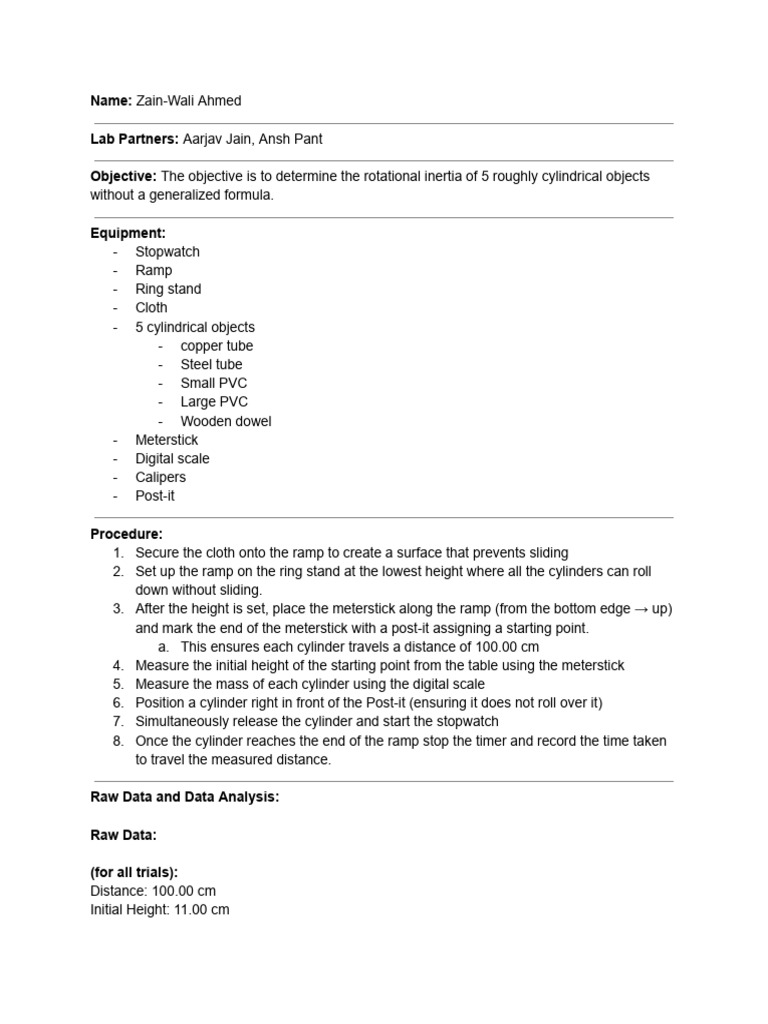 Roptational Inertia Lab Report | PDF | Mass | Pipe (Fluid Conveyance)