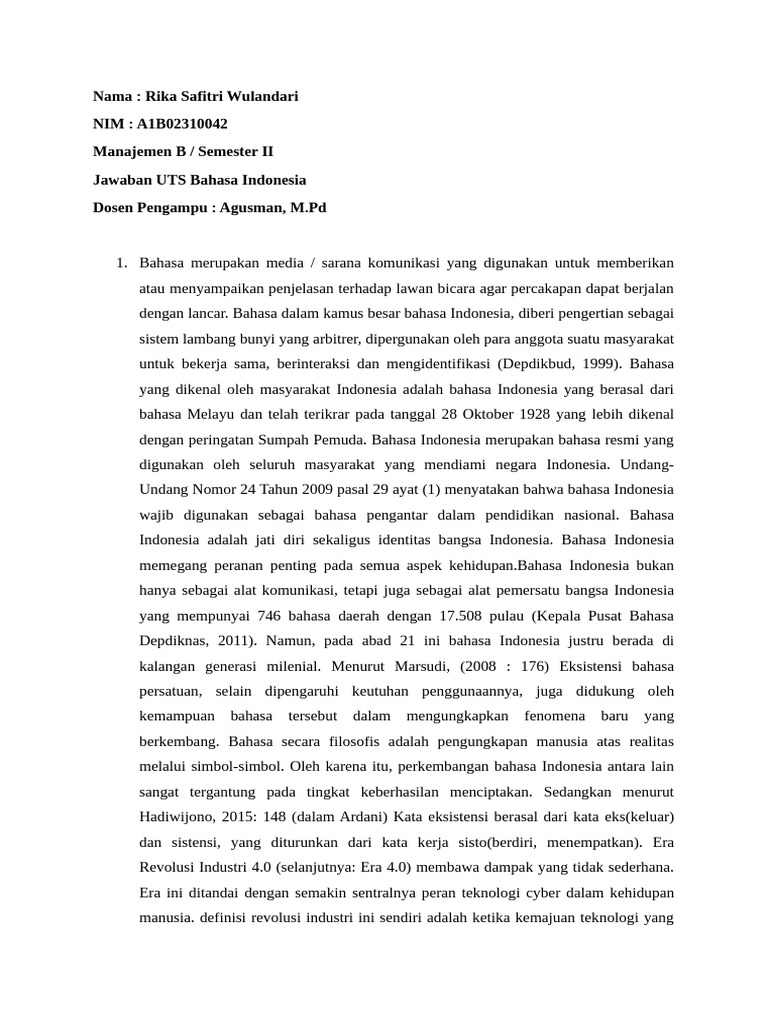 Jawaban Uts B Indo NMR 1-2 | PDF