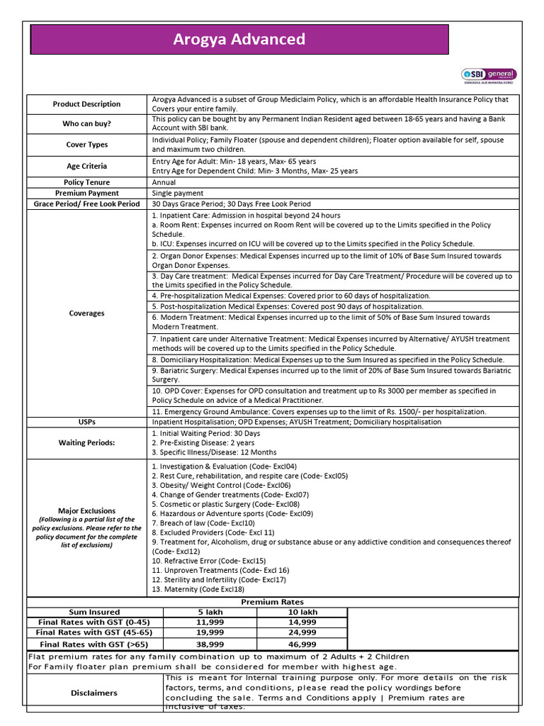 Arogya Advanced Health Insurance Overview | PDF | Insurance | Hospital