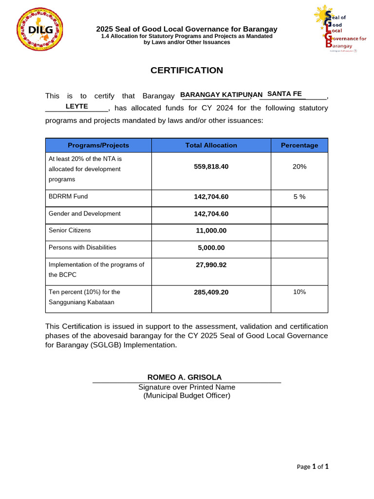 Barangay Fund Allocation Certification 2024 | PDF