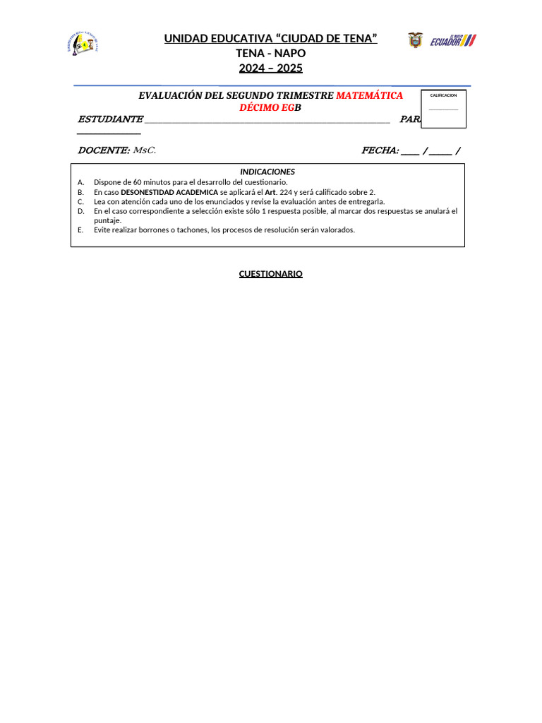 Examen de Matemática 7mo Grado | PDF