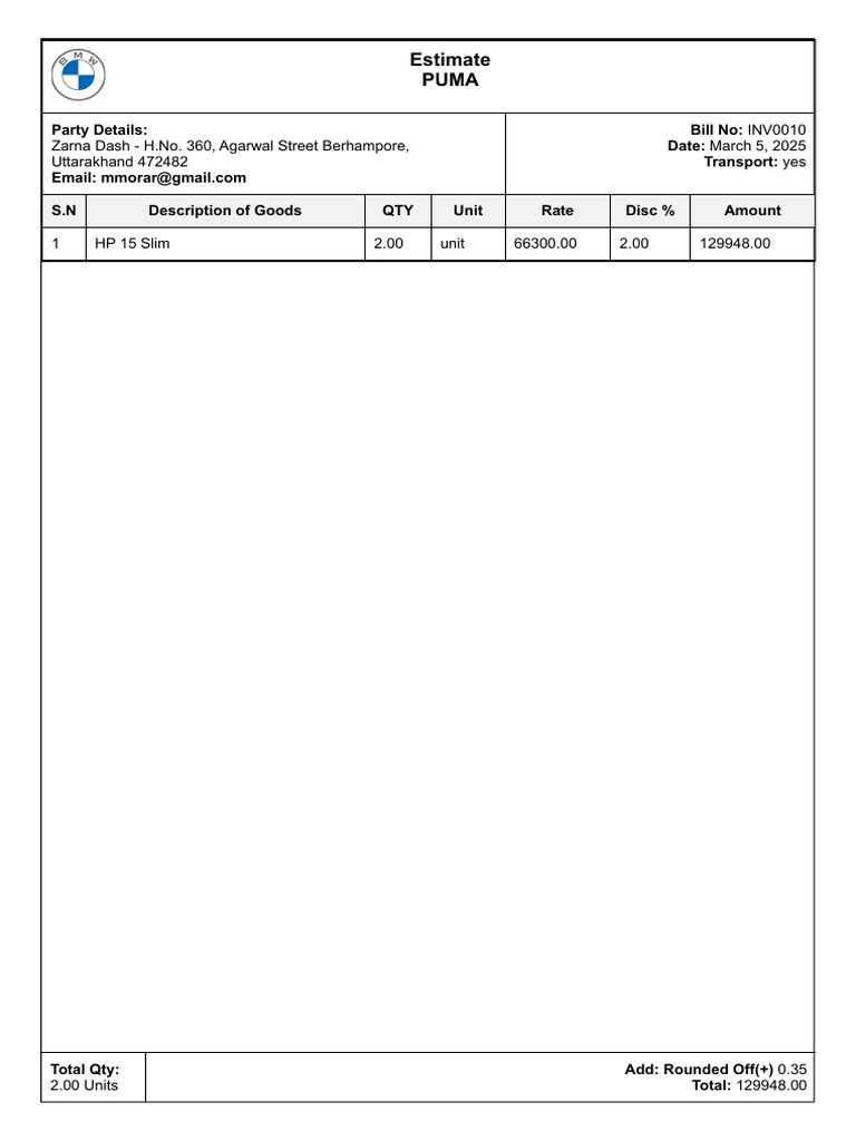 PUMA Invoice Estimate for HP 15 Slim | PDF